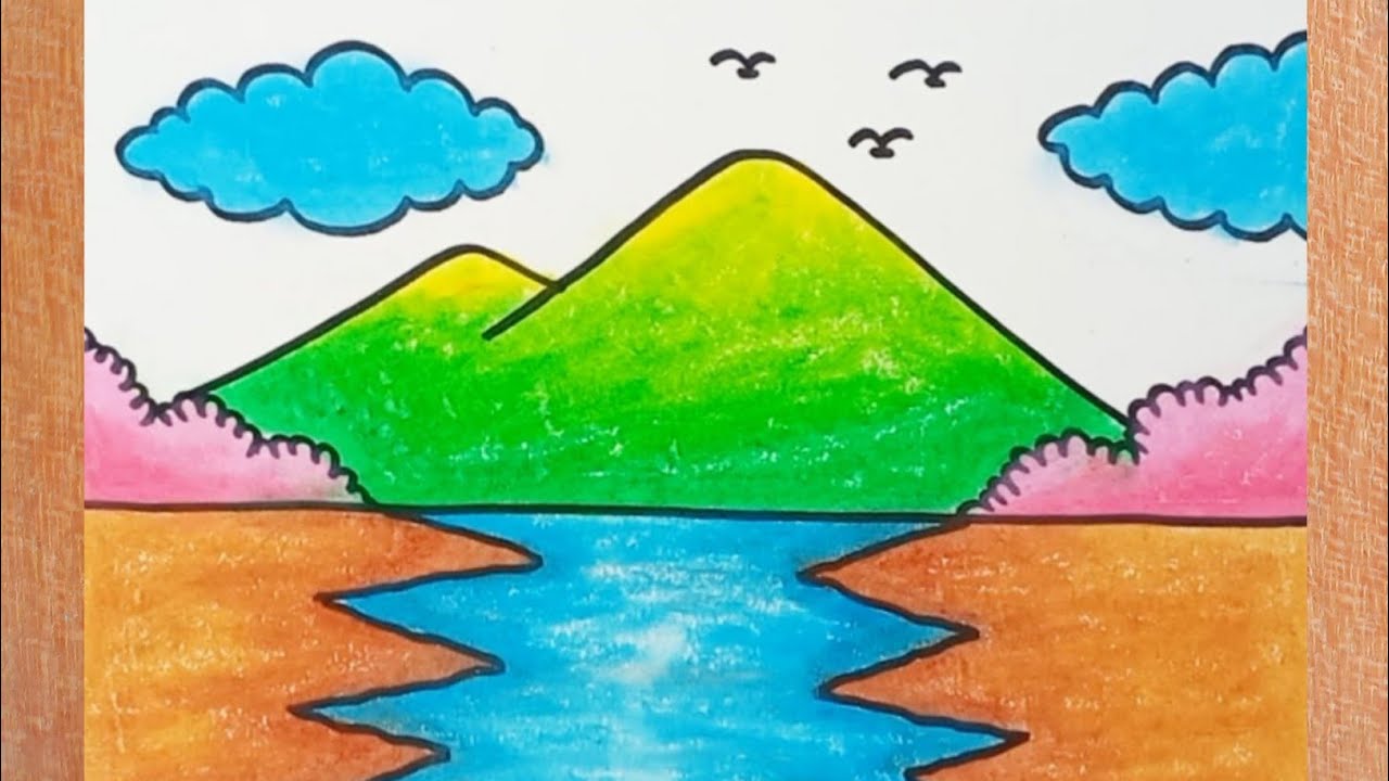 Cara menggambar pemandangan gunung dan sungai yang mudah |How to draw ...
