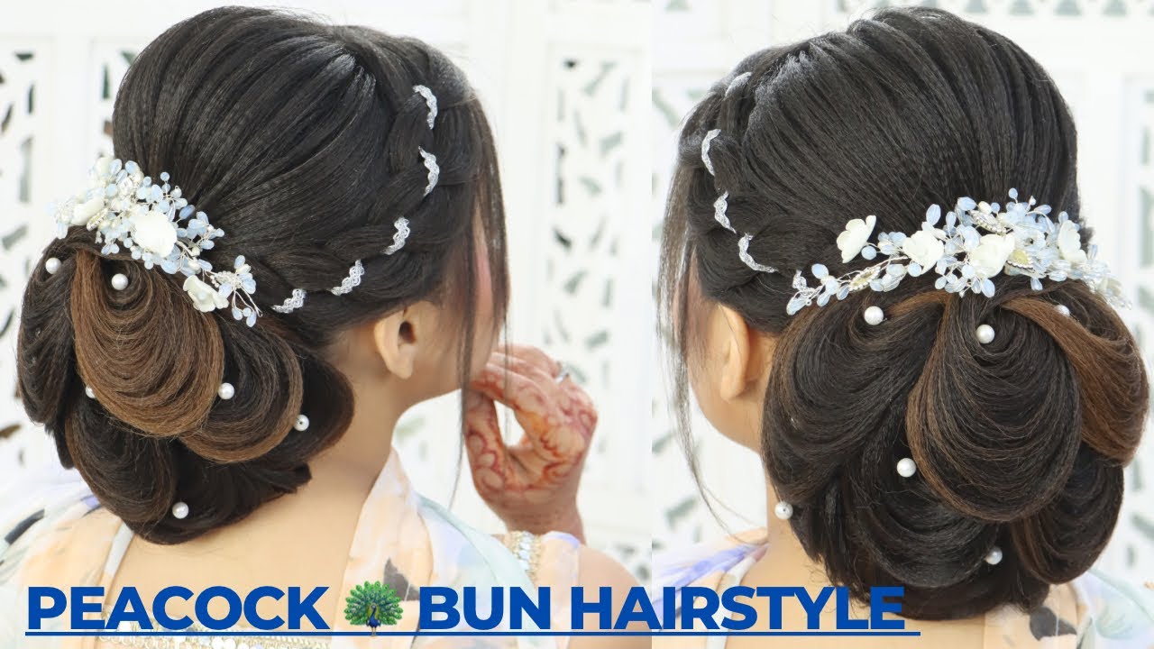 peacock feather hairstyle/ peacock 🦚 bun hairstyle/ how to make peacock feather hairstyle - YouTube