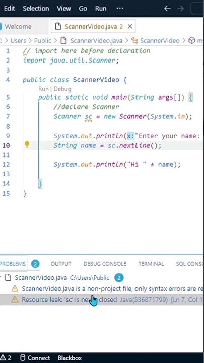 VS Code QUICK FIX!! Resource leak: sc is never used #shorts #computerscience #java - YouTube