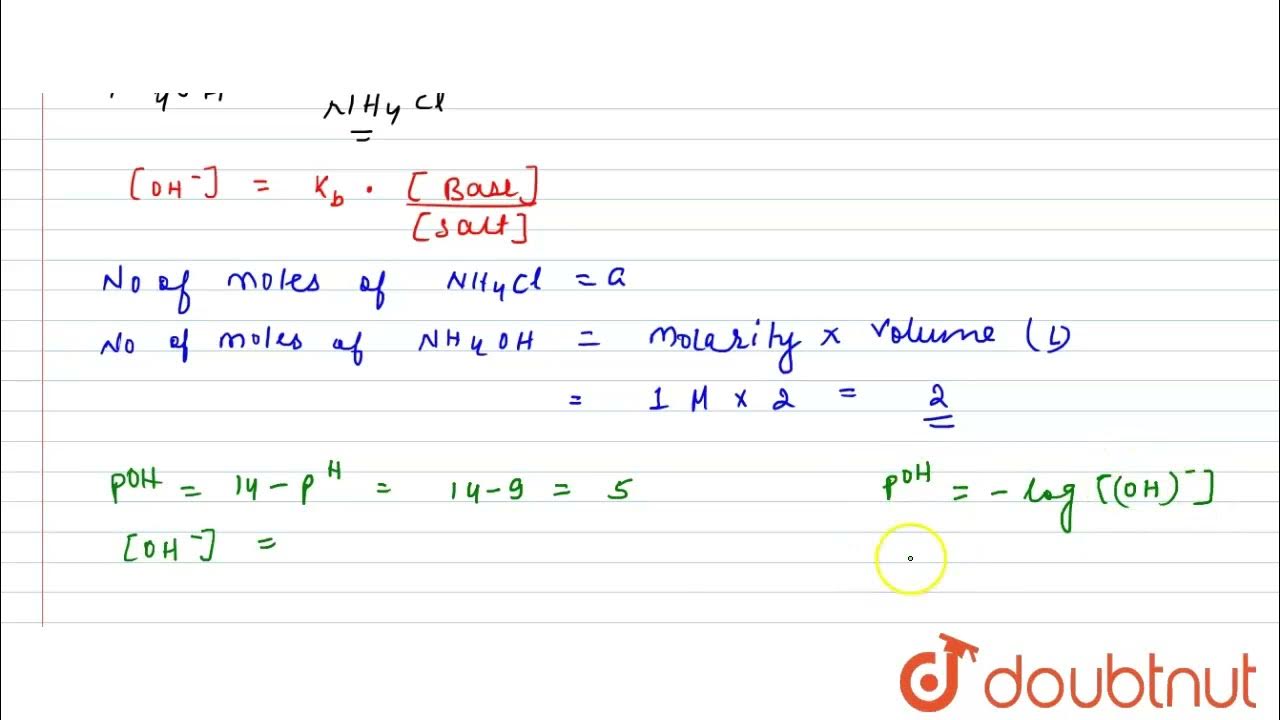 A buffer solution of pH 9 is to be prepared by mixing NH_4Cl and NH_4OH. Calculate the number o ...