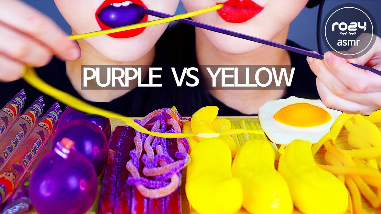 ASMR YELLOW FOOD VS PURPLE FOOD 노란색 보라색 음식 먹방, 쿄호젤리,계란젤리,로프젤리,바나나 마시멜로우 ...