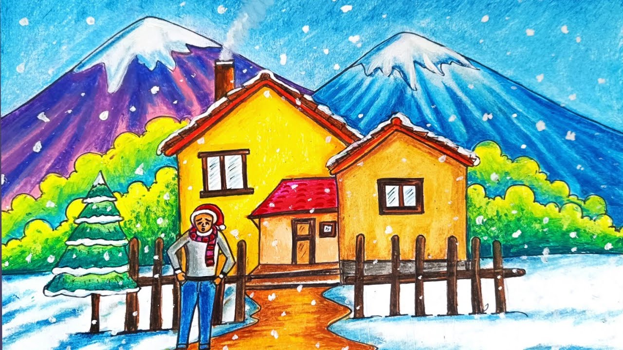 How to draw winter season scenery drawing step by step/ winter season ...