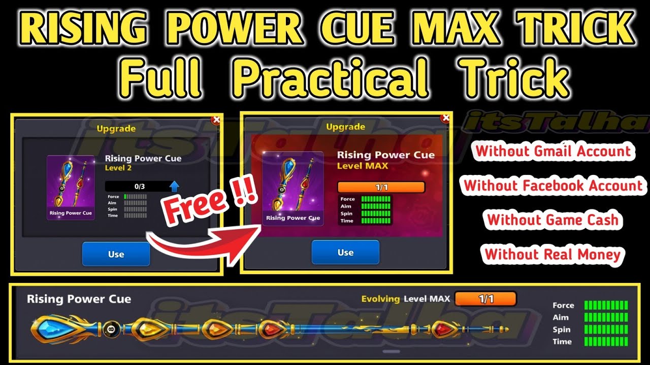 Full Trick 🤑 Free Rising Power Cue Level Max Practical Trick 😱 8 Ball ...