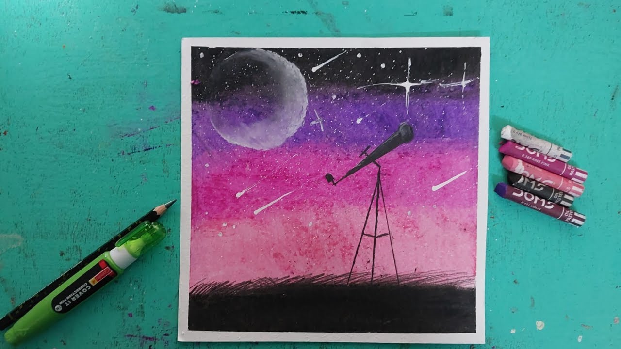 Easy Drawing with Oil Pastels | Half Moon and Telescope Night | Step by ...
