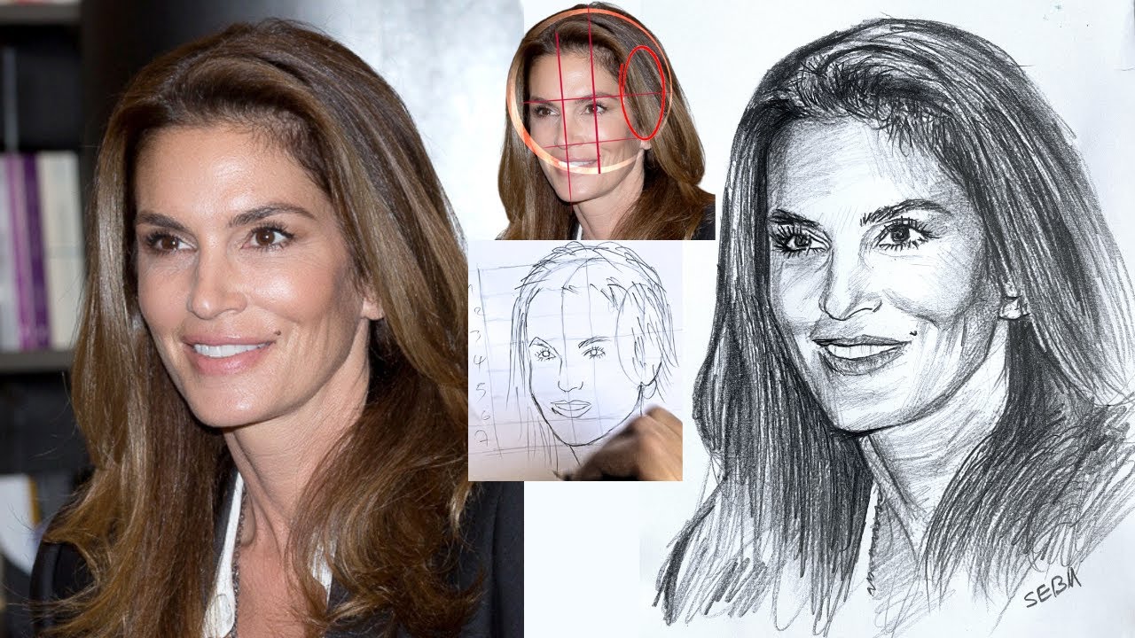 Learn how to draw the portrait of CINDY CRAWFORD with the Loomis method ...