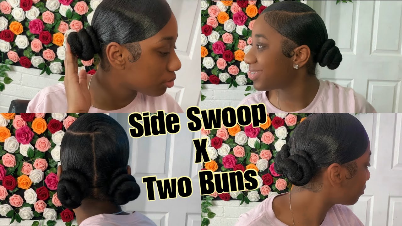 Side Part Swoop w/ Two Low Buns | w/ Braiding Hair - YouTube