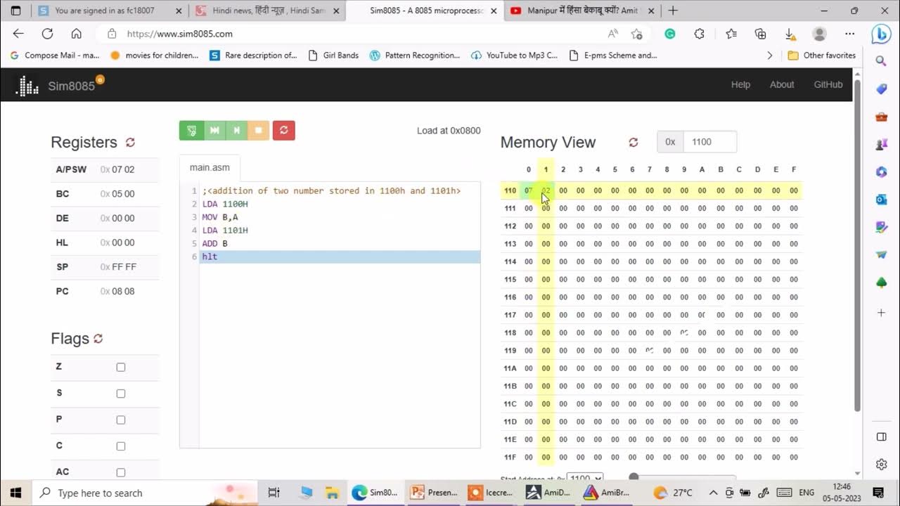 addition of two 8 bit number 8085 - YouTube