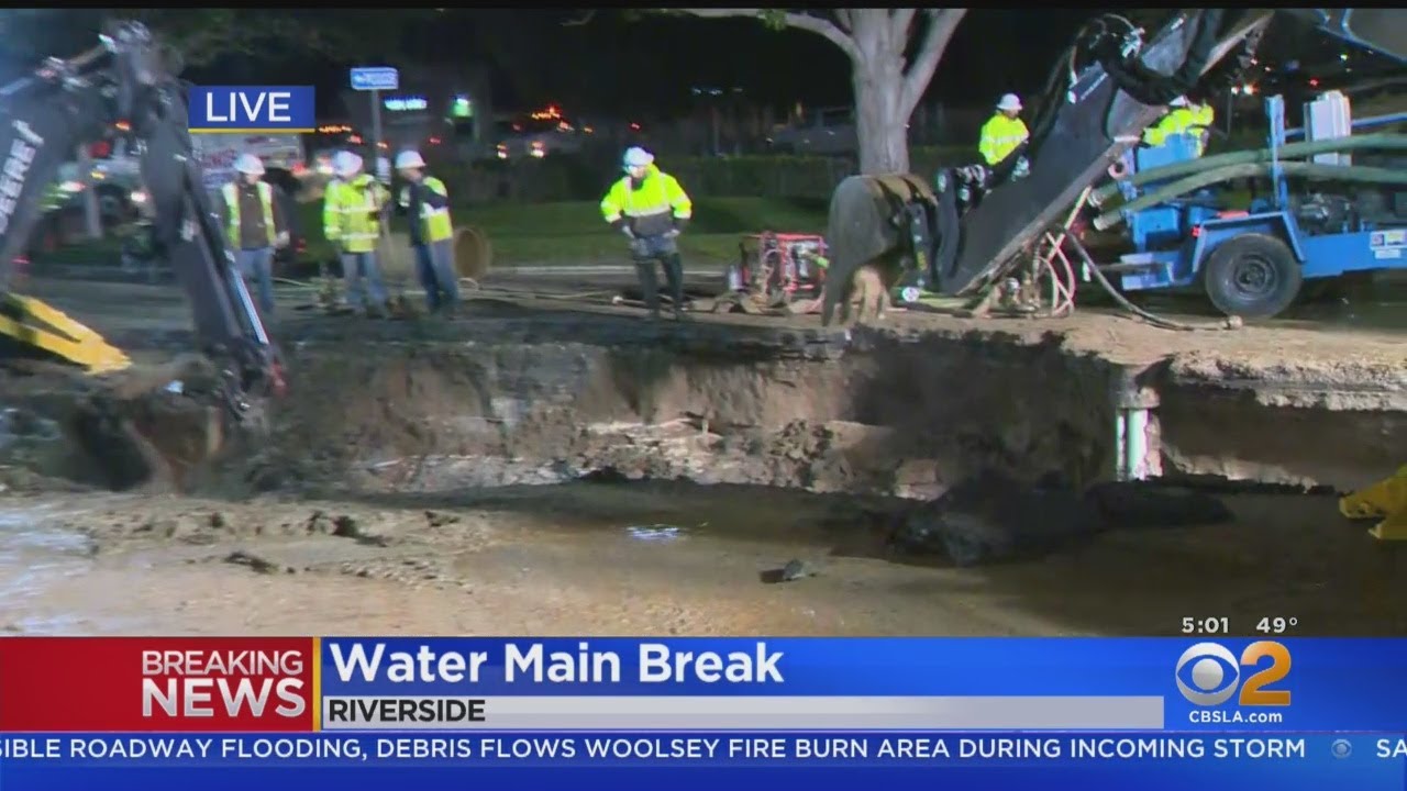 Water Main Break Floods Businesses In Riverside - YouTube