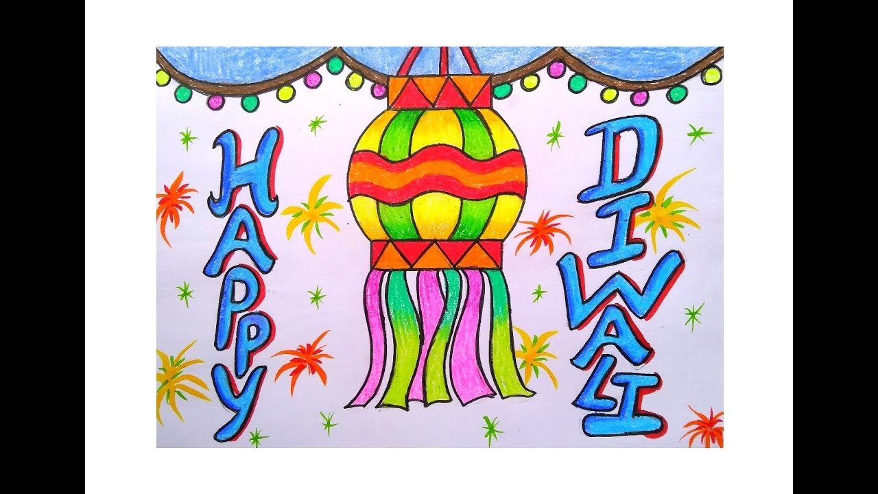 DIWALI DRAWING EASY / DIWALI AKASH KANDIL DRAWING / DIWALI CARD DRAWING ...