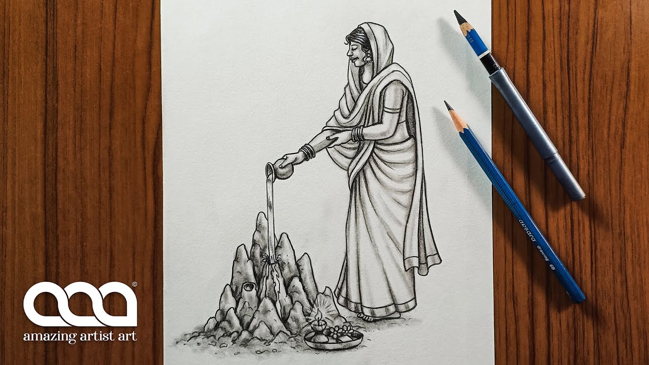 Woman Worshipping On Nag Panchami Drawing | Nag Panchami Drawing ...