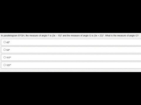 [Math] In parallelogram EFGH the measure of angle is (3x 10)8 and the ...