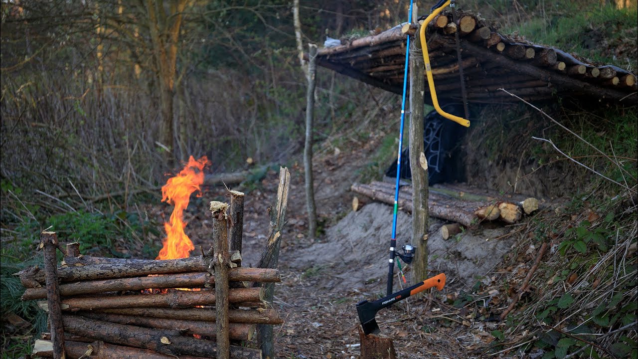 2 Day Solo Bushcraft Camp - Shelter Building, Fishing and Cooking - YouTube