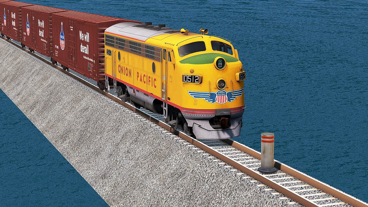 Train vs Impossible Bollard Braker on Rail Bridge Crossing Deepwater ...