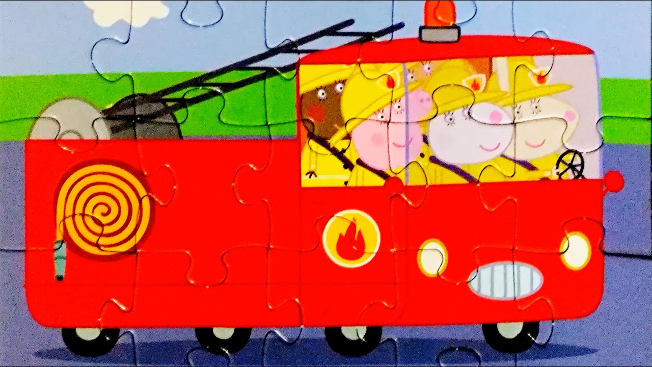 Uncle peppa pig on a fire truck.|Let's put the puzzle together, friends ...