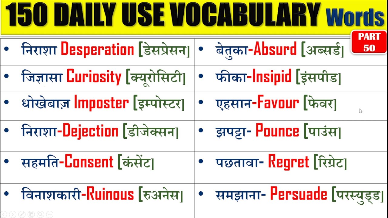 💥150 Daily Use Word Meaning Practice /रोज़ बोले जाने वाले English words ...
