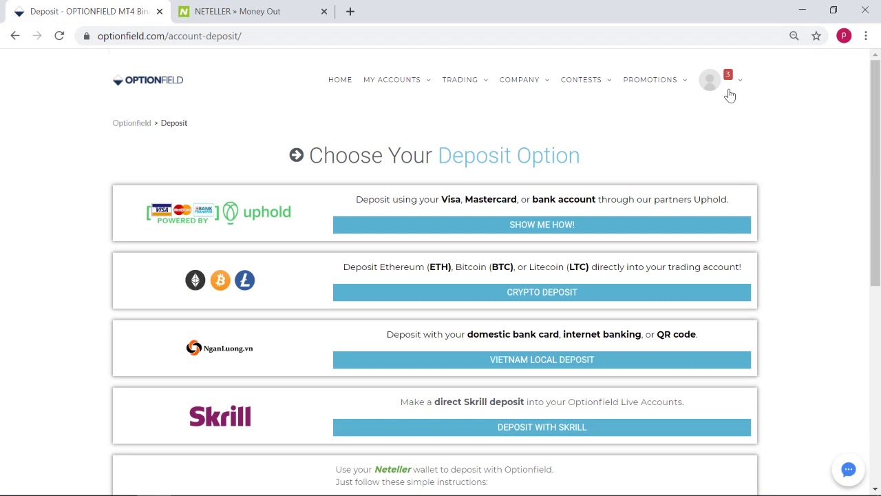 Hướng dẫn nạp tiền tài khoản giao dịch Optionfield Việt Nam - Optionfield Việt Nam - Super Win ...