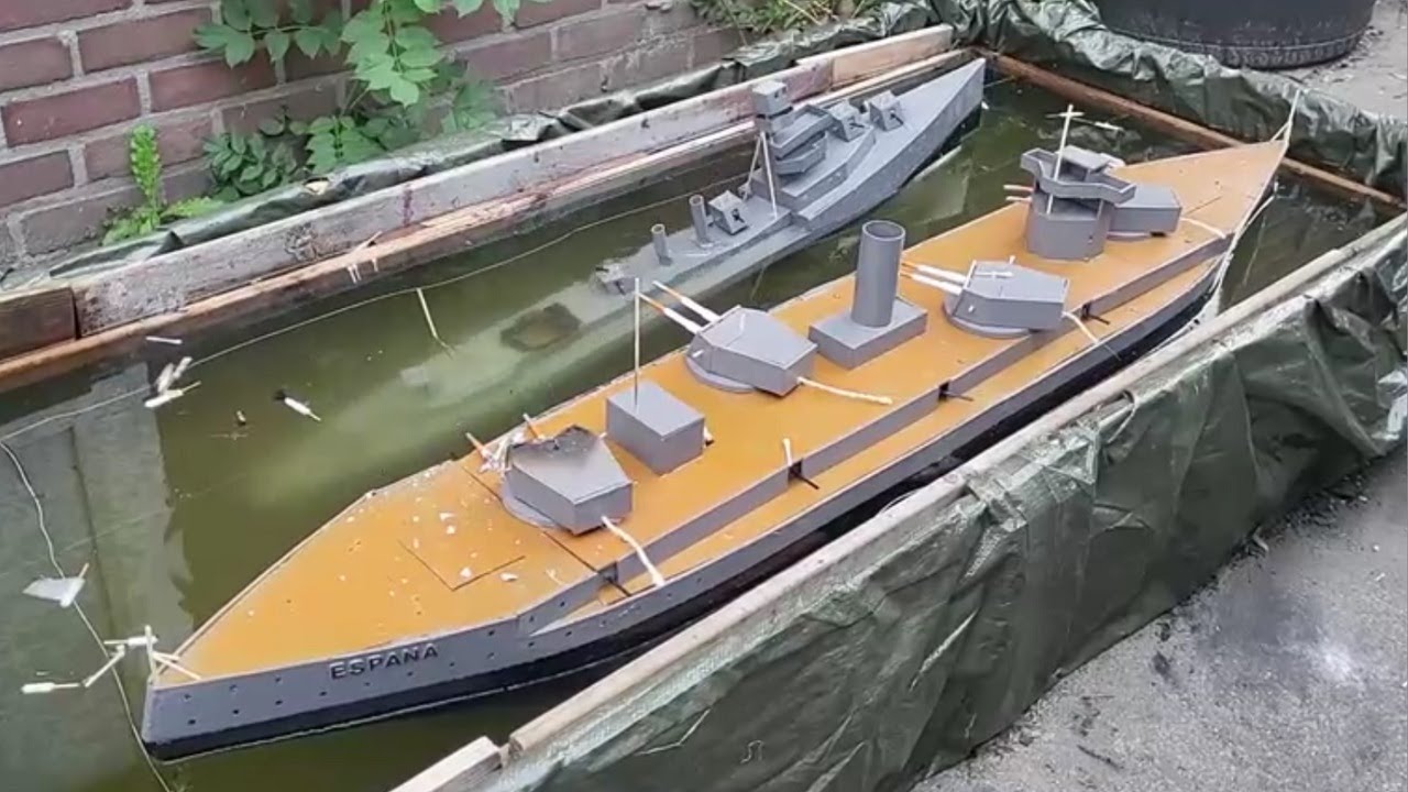 Wooden Model Ship On Fire And Sinking: Cruiser Danae Versus Battleship ...