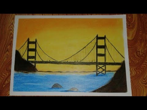 How to draw a golden Golden Bridge with oil pastel very easy drawing ...