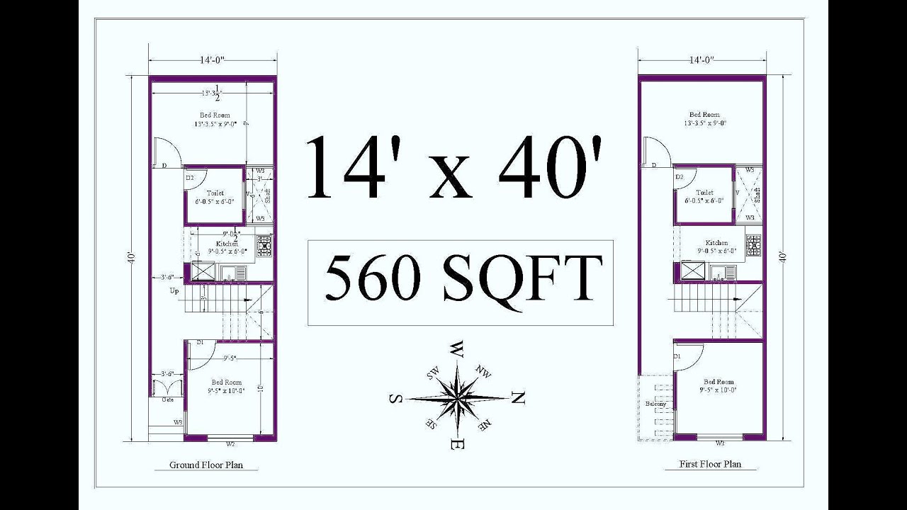 14*40 GHAR KA NAKSHA II 14'x40' 14 X 40 GHAR KA NAKSHA || 560 SQFT HOUSE PLAN 62 GAJ - YouTube