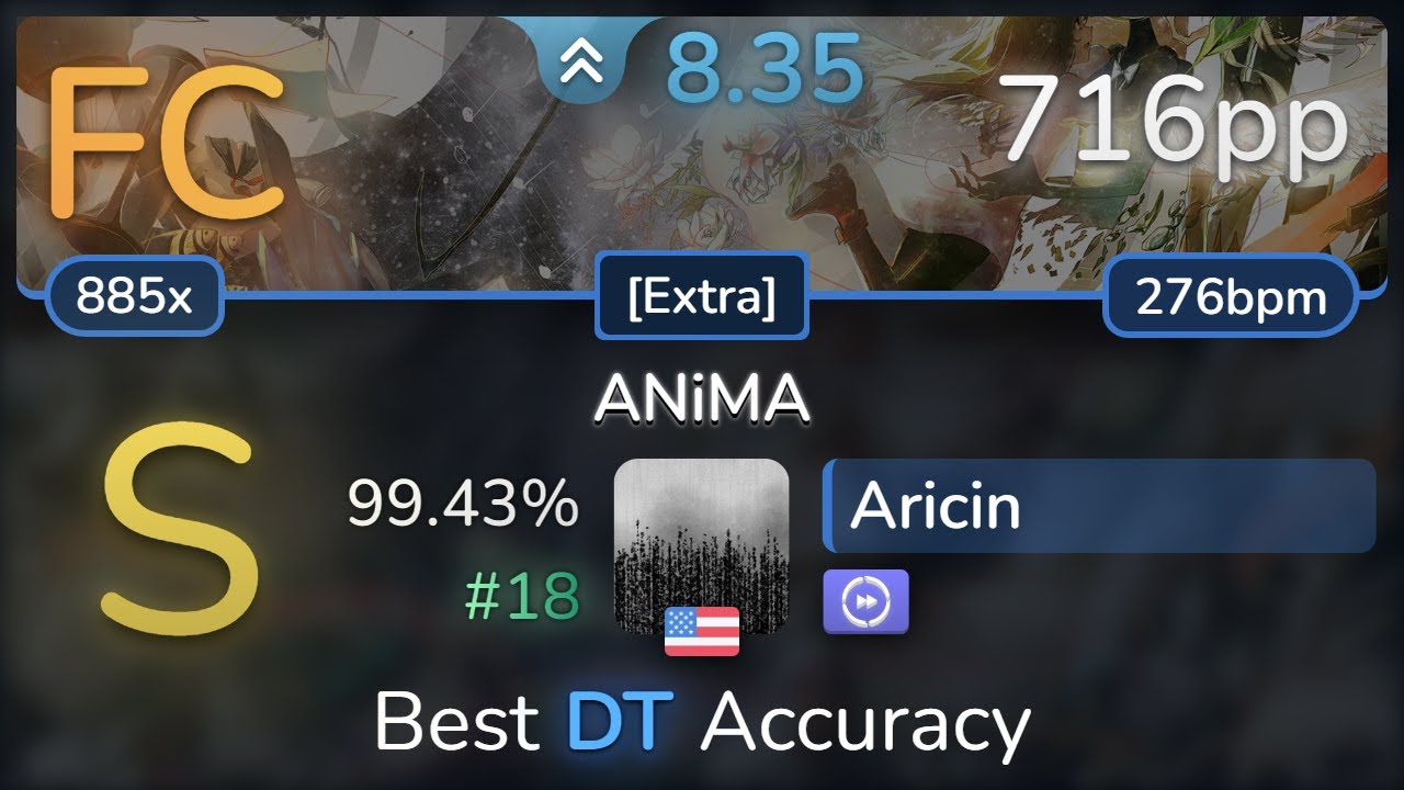 Aricin | xi - ANiMA [Extra] +DT 99.43% (#18 716pp FC) - osu! - YouTube