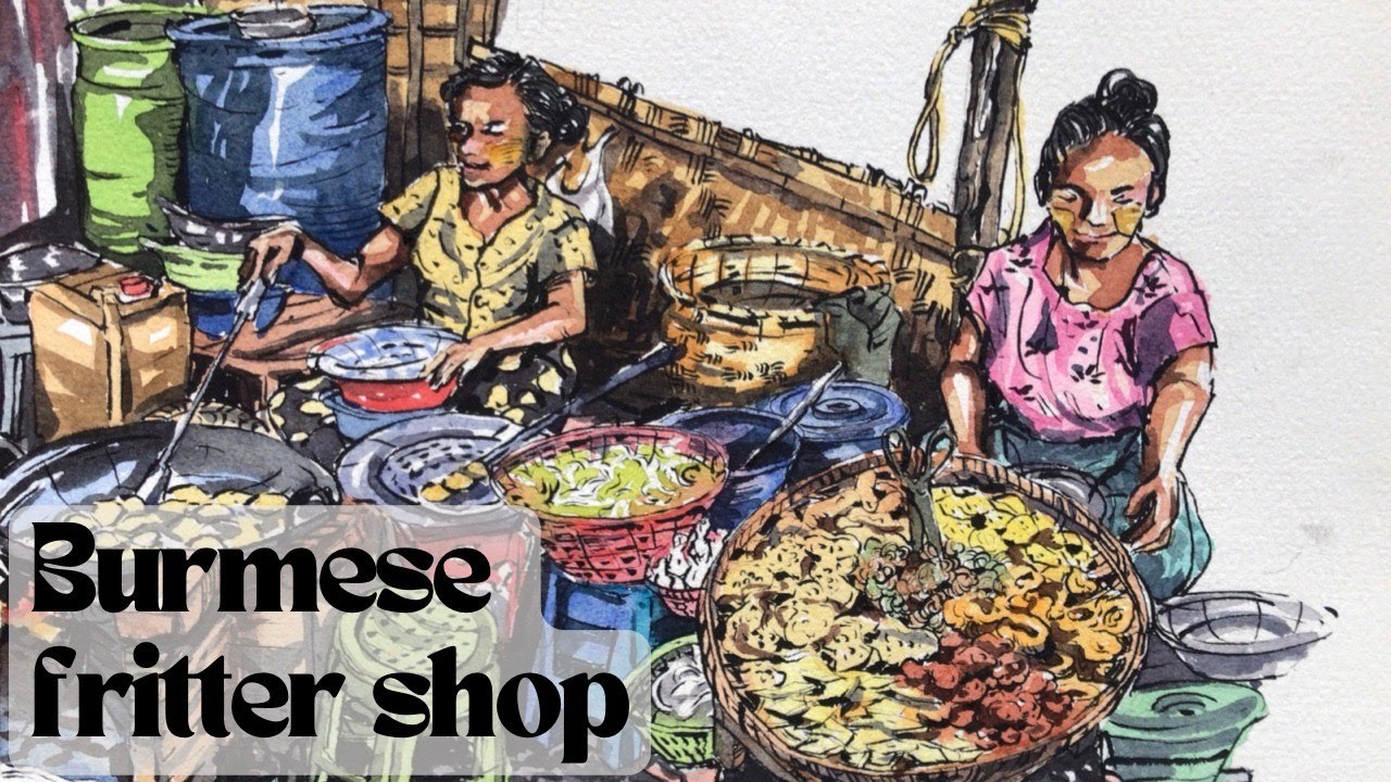 Burmese assorted fritters shop / Sketching with brush pen and ...