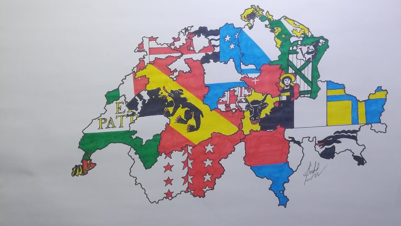Drawing Swiss cantons flag map | Switzerland flag map - YouTube