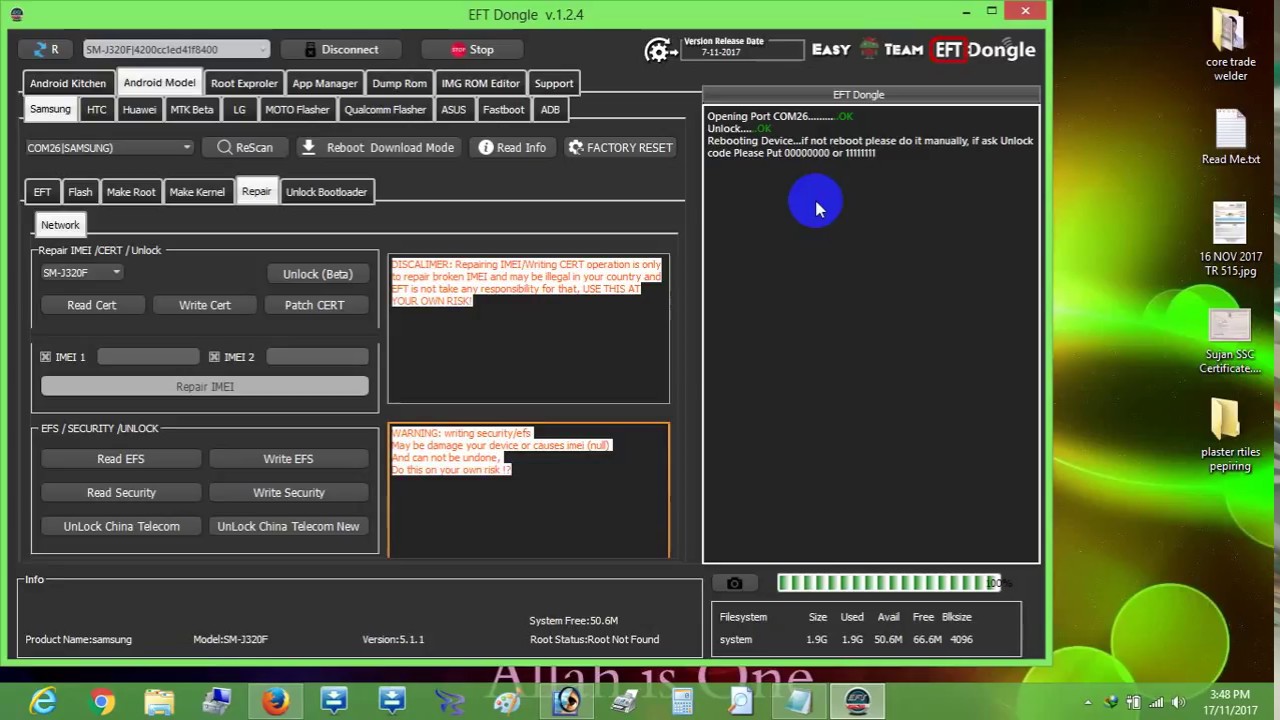 Samsung J3 SM-J320F Network Unlock Done By EFT Dongle - YouTube
