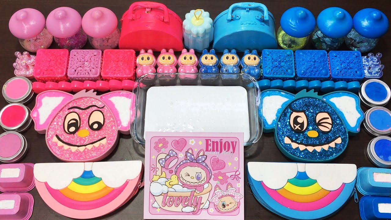 PINK vs BLUE LABUBU Slime🌻🌻🌻 Mixing random into GLOSSY slime🌻🌻🌻 ...