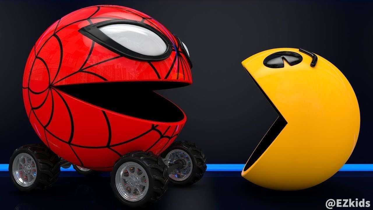 Pacman VS Spider and Finding a lost Tire of a Construction Truck on the ...