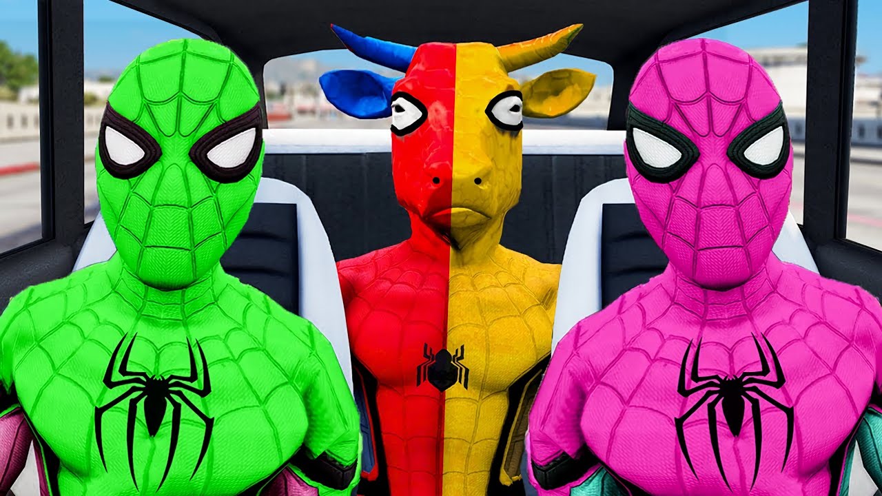Cow Spider-Man Dance With Red Car Drive Rainbow Spiders Chase Cows ...