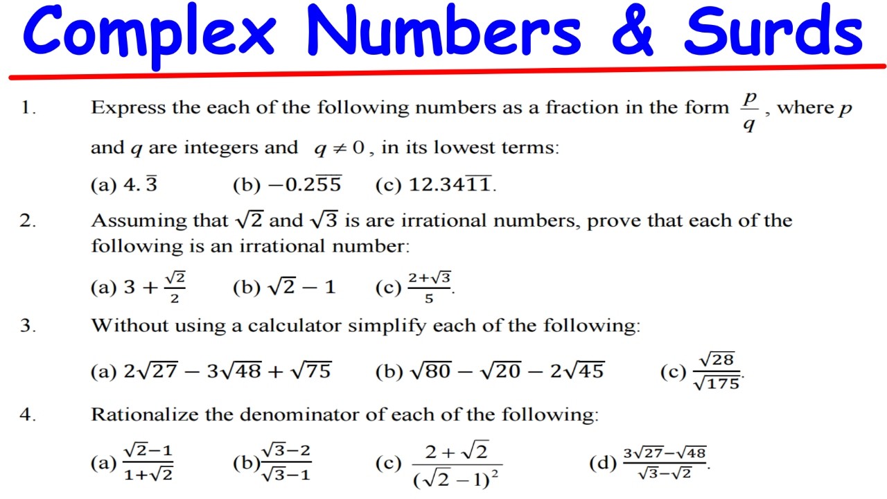Rational, Irrational, Complex Numbers & Surds – Tutorial Sheet 2 (2026 ...