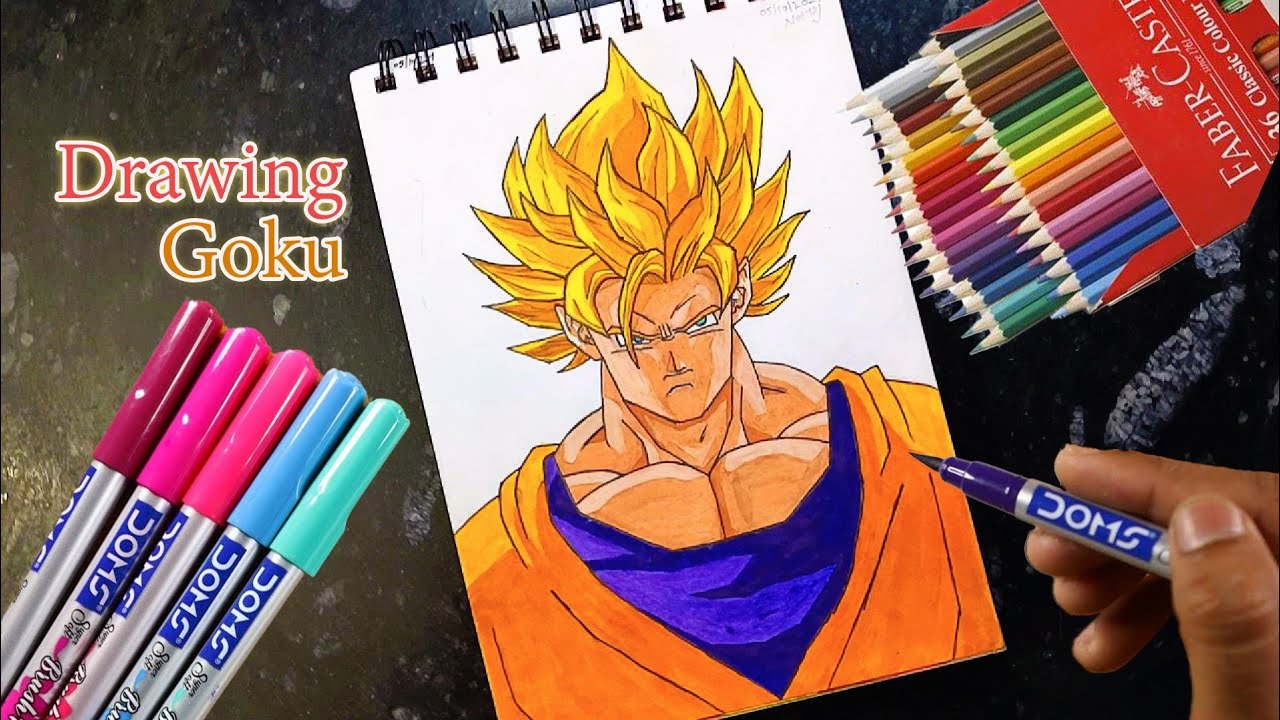 How to Draw Goku with Doms Brush Pens and pencil Color's | Drawing Goku ...