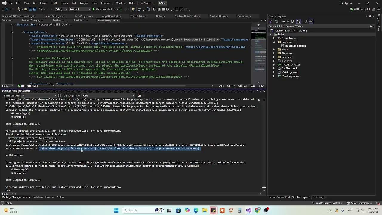NETSDK1135: SupportedOSPlatformVersion 10.0.17763.0 cannot be higher than TargetPlatformVersion ...