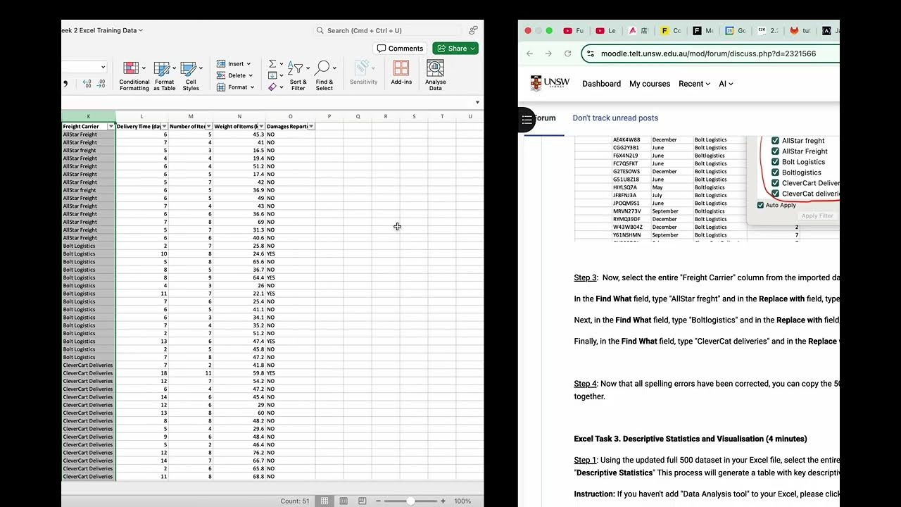 UNSW Ying Liang COMM1110 Week 2 excel HW video - YouTube