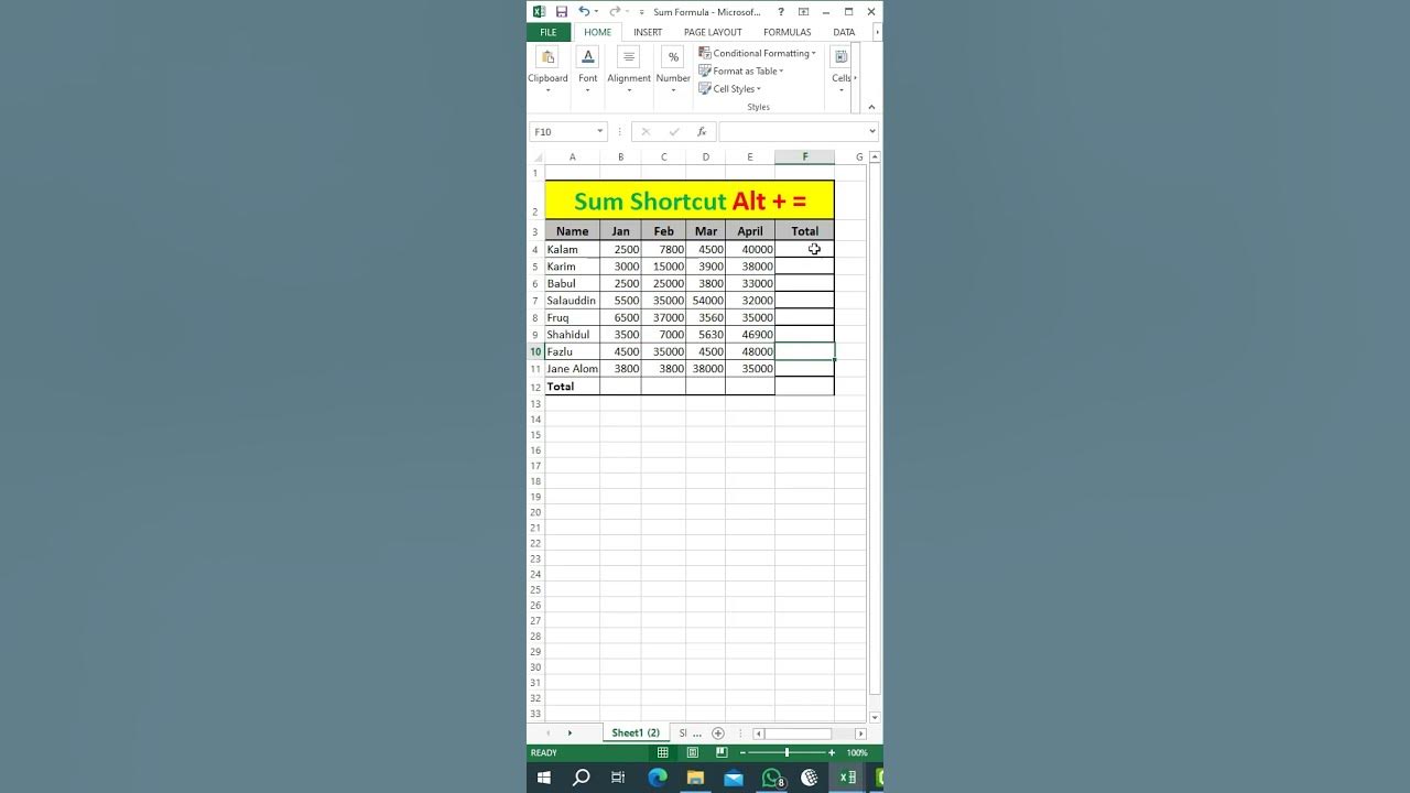 Sum Use Shortcut In Ms Excel Excelshorts Ytshorts Excelbangla Youtube