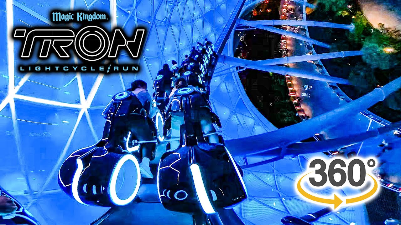 VR 360 TRON Lightcycle Run Roller Coaster at Night POV with Queue Walt ...