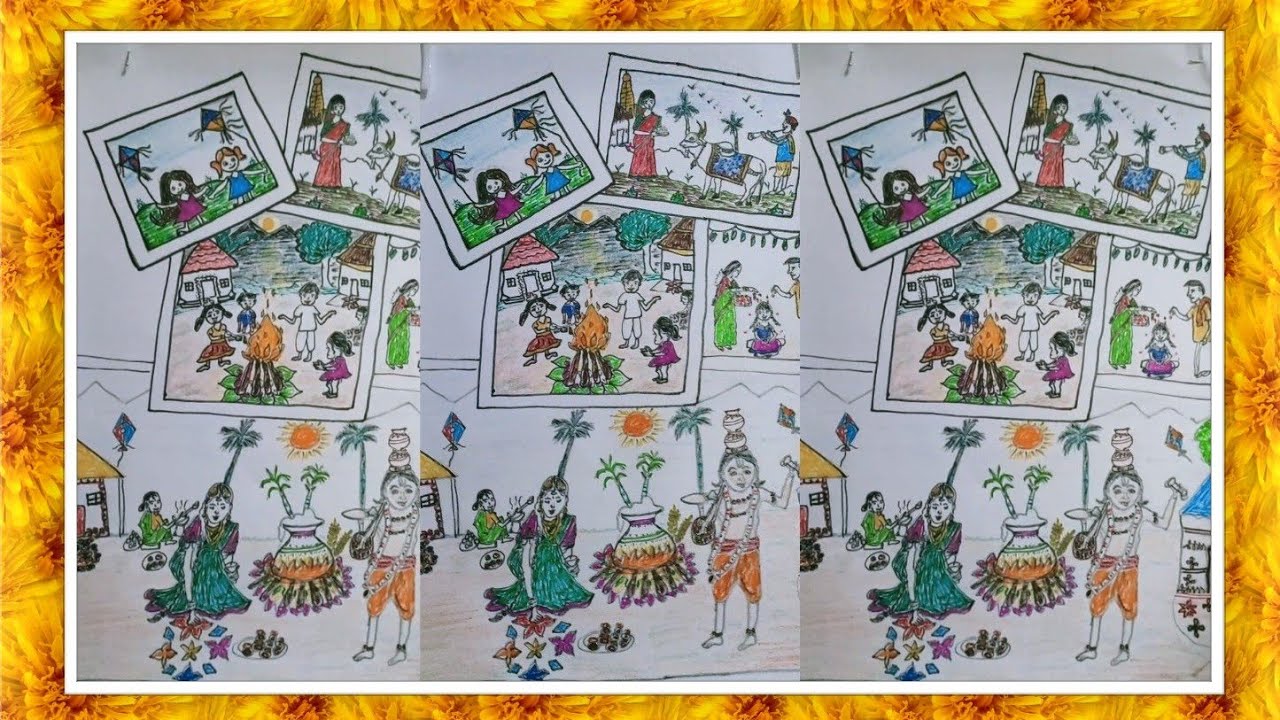 Makar Sankranti Village Atmosphere | How to Draw Pongal Festival ...