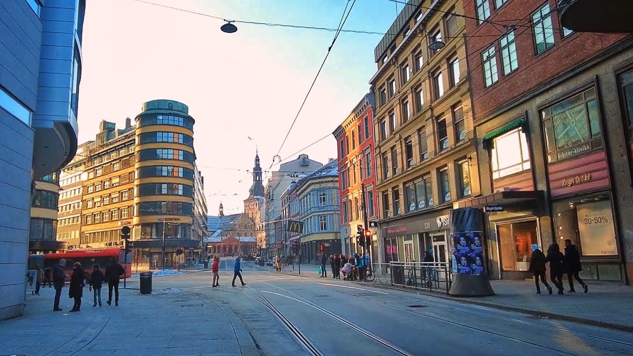 Oslo sunny winter walk , Storgata , Oslo Domkirke church , Norway , FPV ...