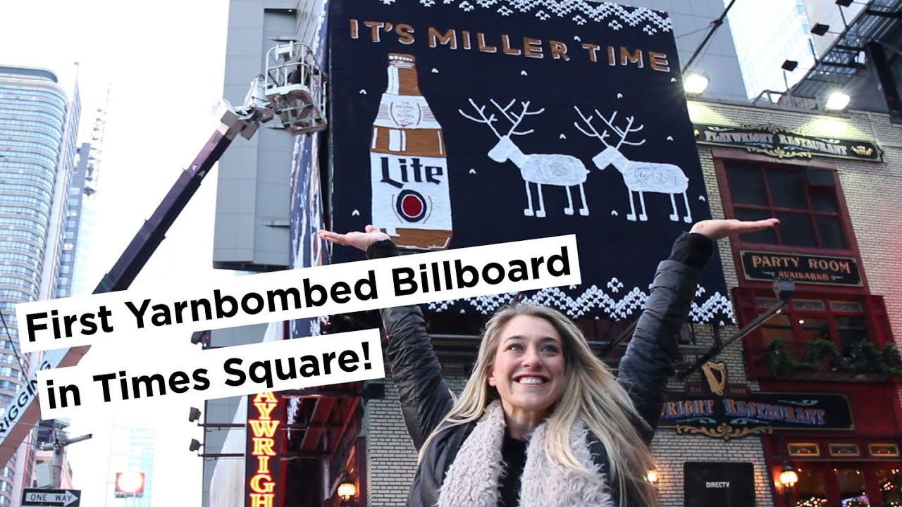 First Yarnbombed Billboard in Times Square by London Kaye! - YouTube