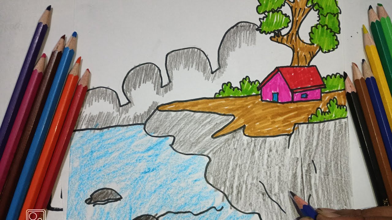 How To Draw A Beautiful Scenery Drawing | Easy For Toddler- Kids Step ...