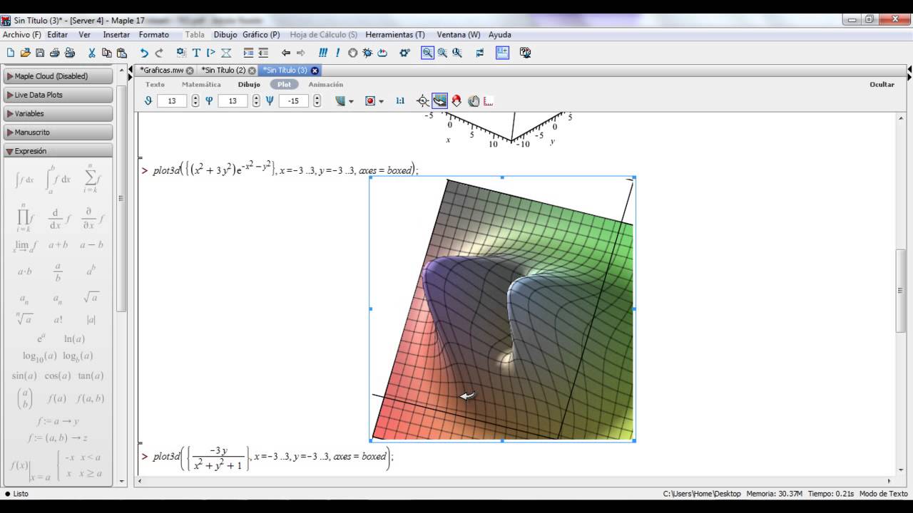 Gráficas de funciones en varias variables, Maple 17. - YouTube