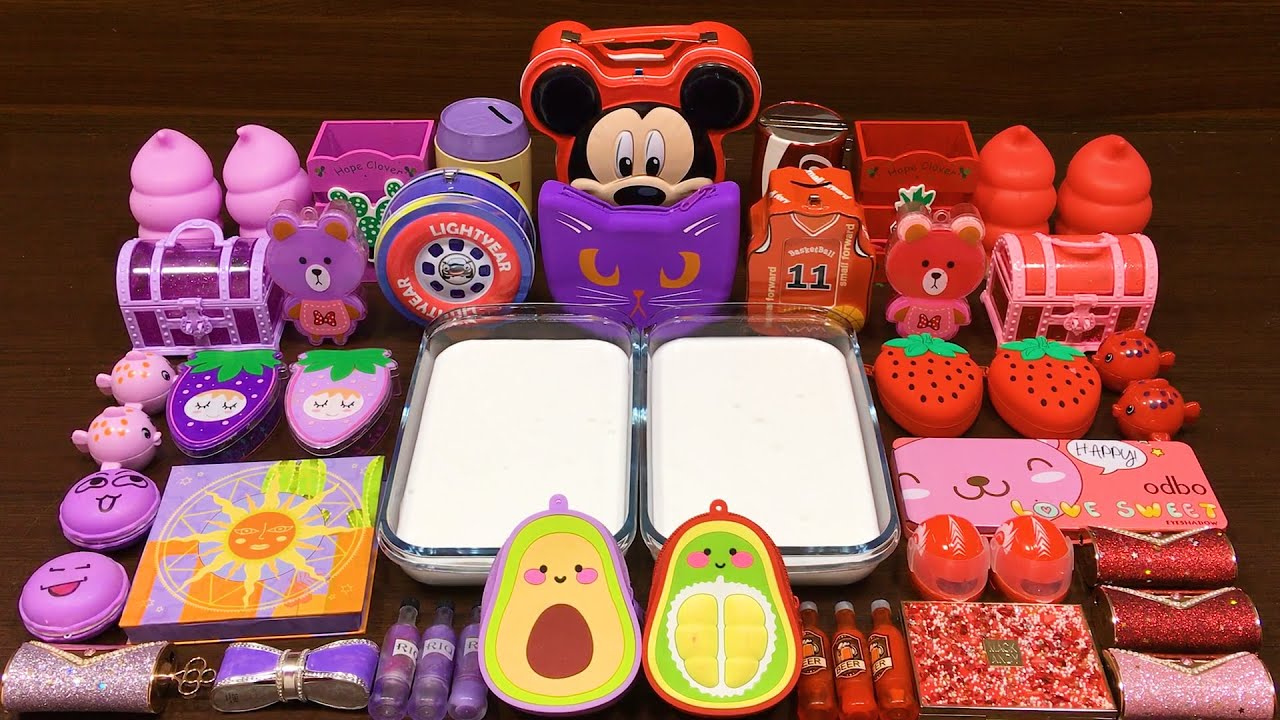 Purple vs Red ! Mixing Random Things into GLOSSY Slime! Satisfying ...