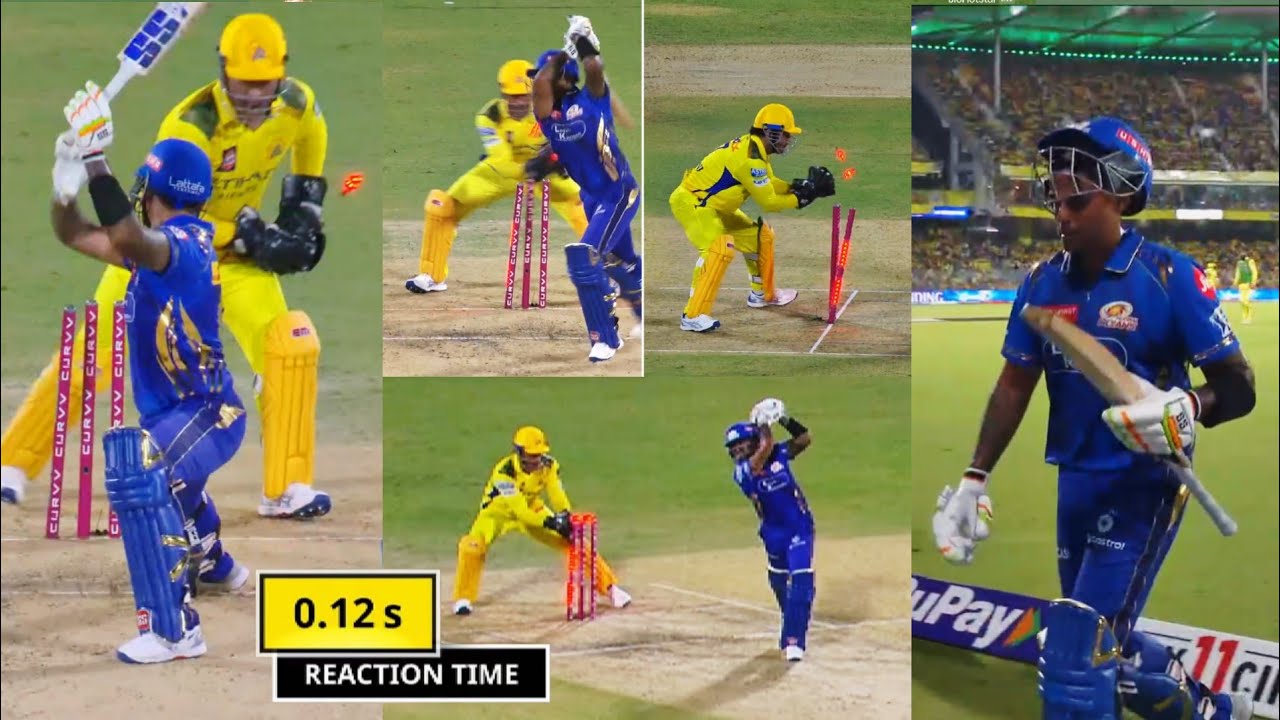 MS Dhoni .12 sec lighting speed stumping dismissed Suryakumar Yadav ...