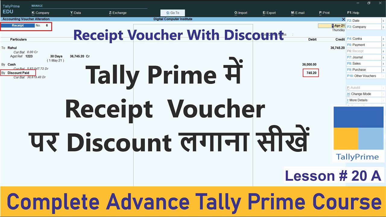 How to Apply Discount On Receipt Voucher in Tally Prime | Discount On ...