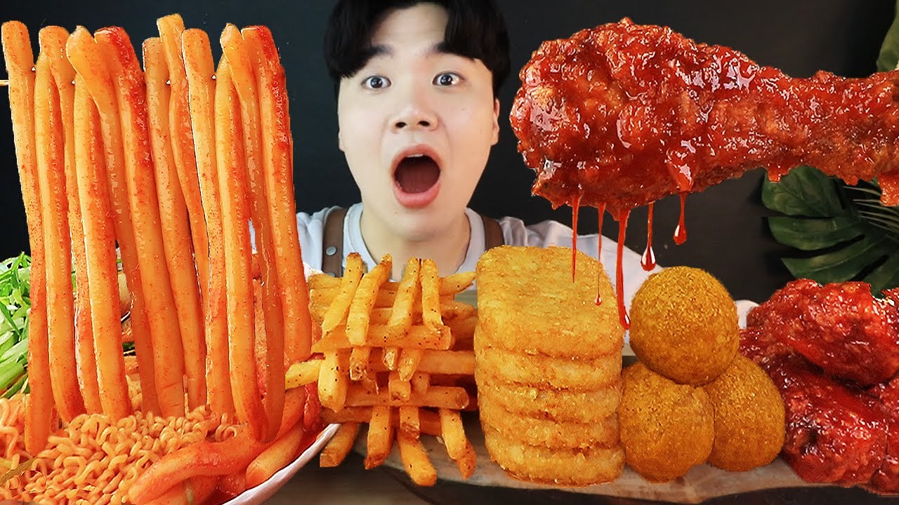 ASMR MUKBANG 떡볶이 & 양념 치킨먹방! 치즈 볼 FIRE Noodle Tteokbokki & FRIED CHICKEN ...