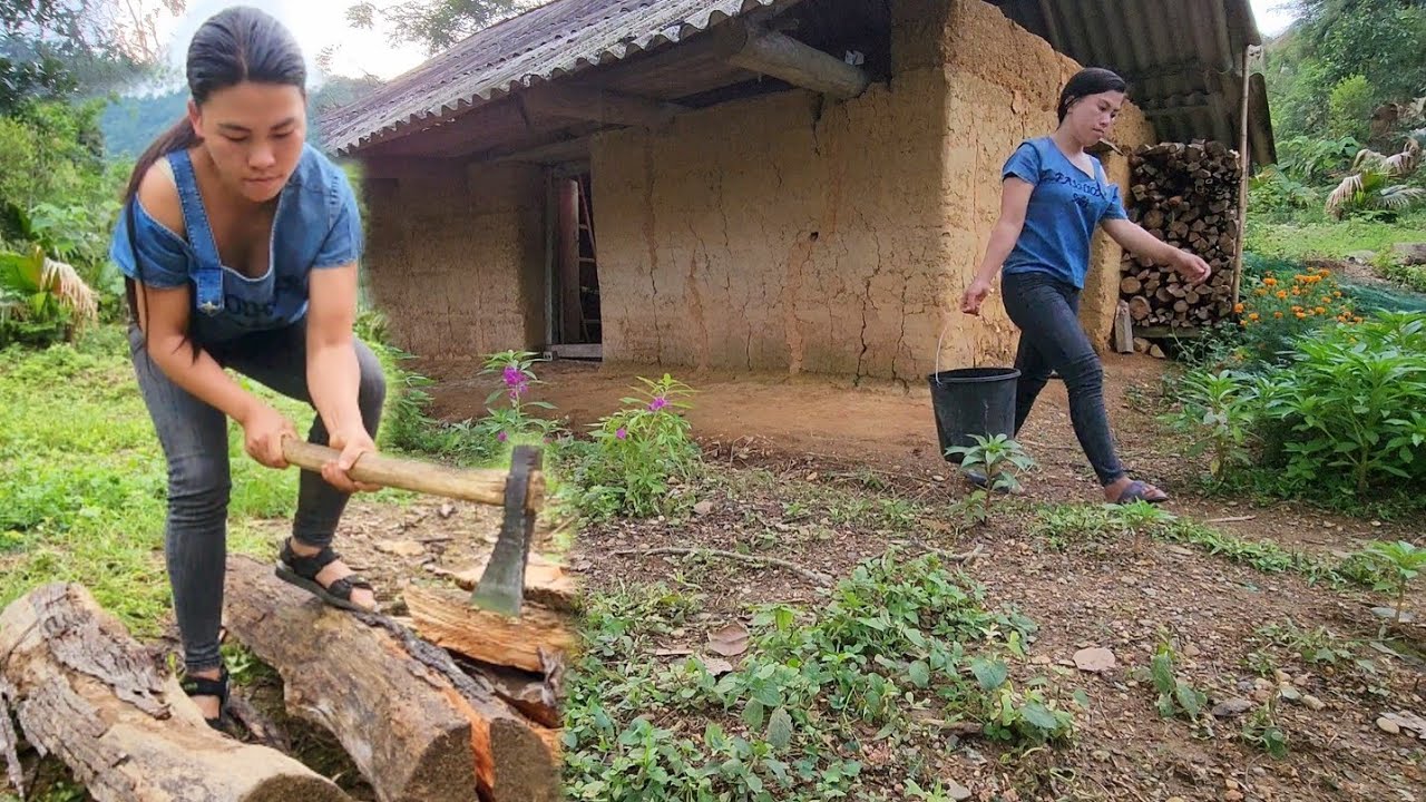 Girl splitting firewood with an axe - YouTube
