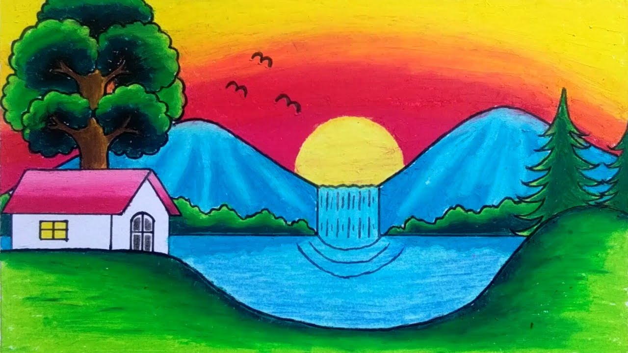 របៀបគូរគំនូរទេសភាព How to draw easy waterfall scenery with oil pastel ...