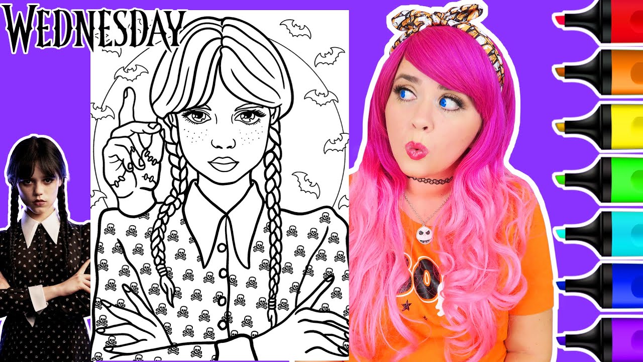 Coloring Wednesday Addams & Thing Halloween Coloring Page | Ohuhu Art ...