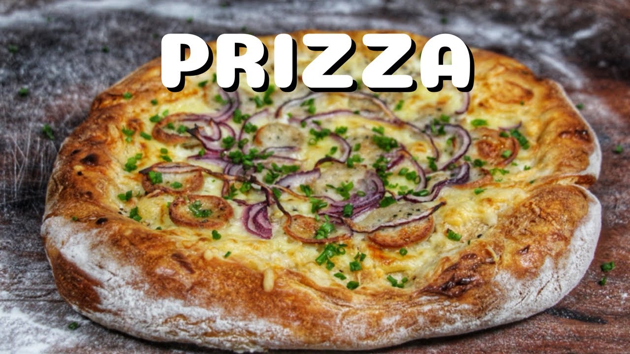 PRIZZA - PRETZEL DOUGH PIZZA with BAVARIAN SAUSAGE, CHEESE AND ONIONS ...