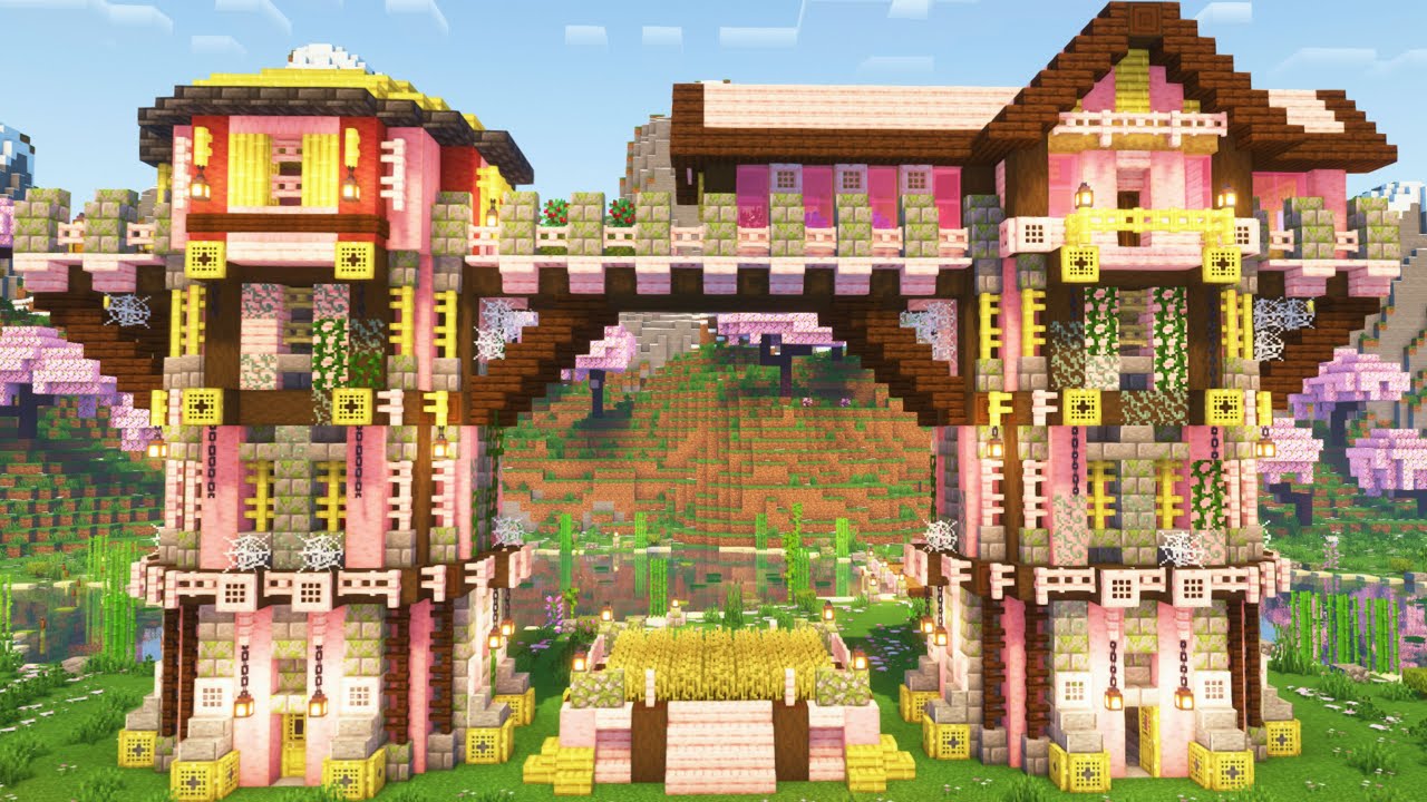 How to build Cherry Blossom Bridge House - Minecraft tutorial - YouTube